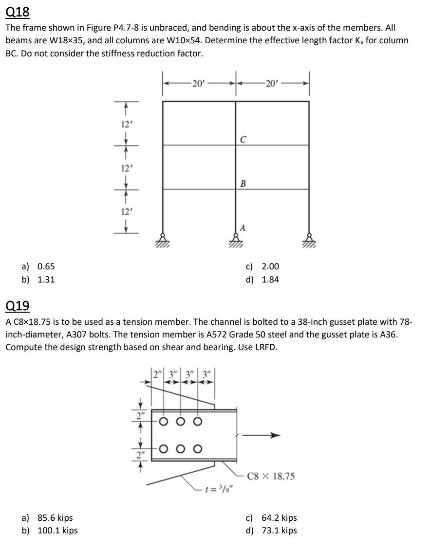 Solved Q18 The frame shown in Figure P4.7-8 is unbraced, and | Chegg.com