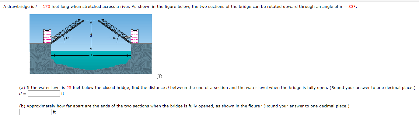 Solved A drawbridge is / = 170 feet long when stretched | Chegg.com