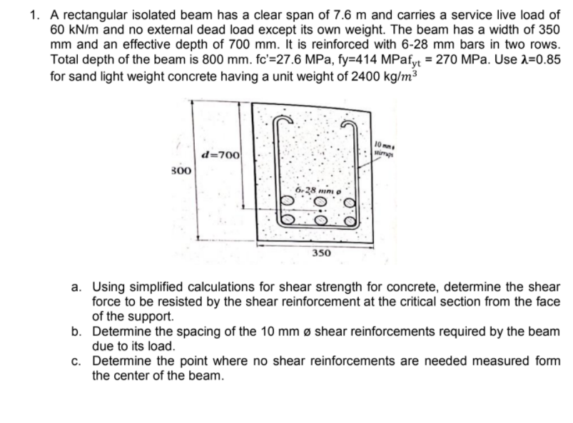 Solved 1. A rectangular isolated beam has a clear span of | Chegg.com