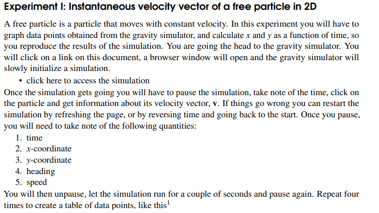 Solved Experiment I: Instantaneous velocity vector of a free | Chegg.com