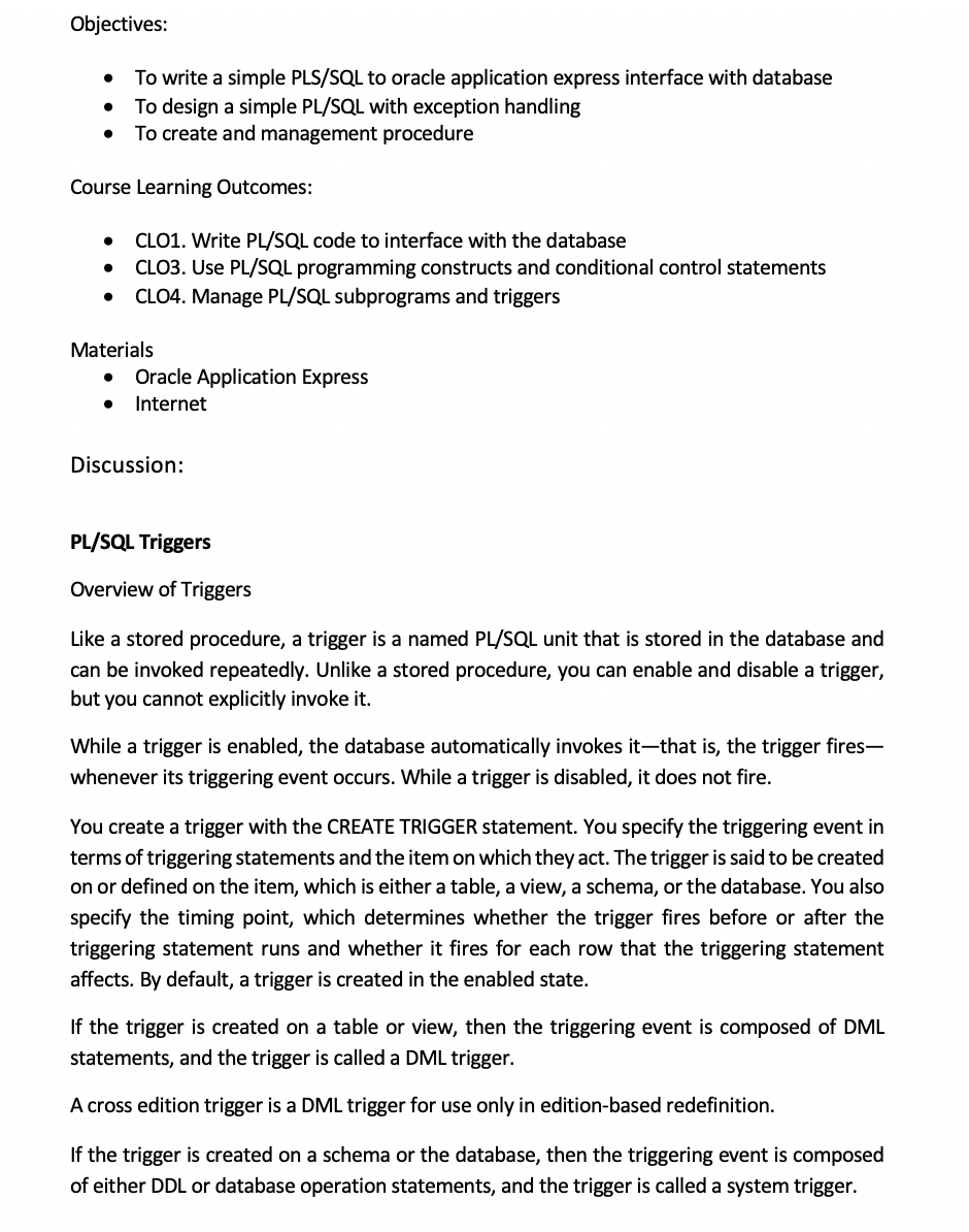 Objectives: . . To write a simple PLS/SQL to oracle | Chegg.com