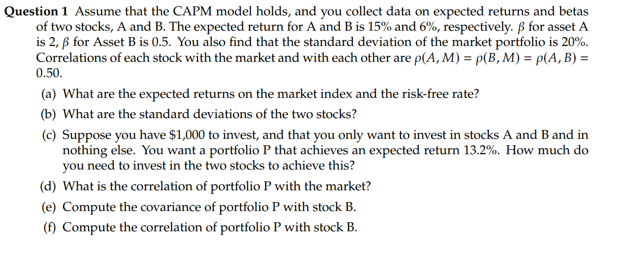 Solved Question 1 ﻿Assume that the CAPM model holds, and you | Chegg.com