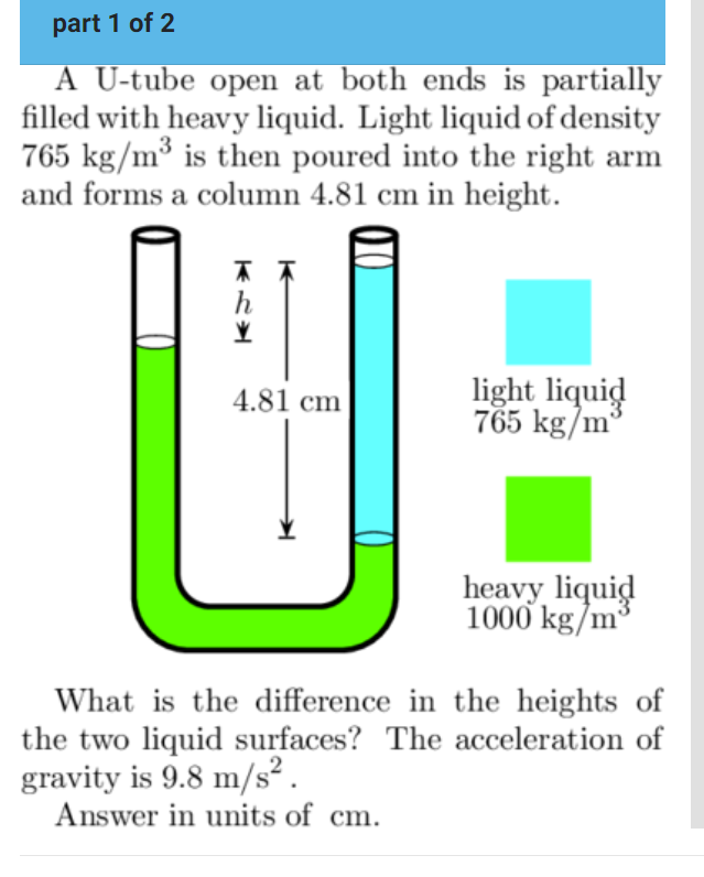 Solved A U-tube open at both ends is partially filled with | Chegg.com