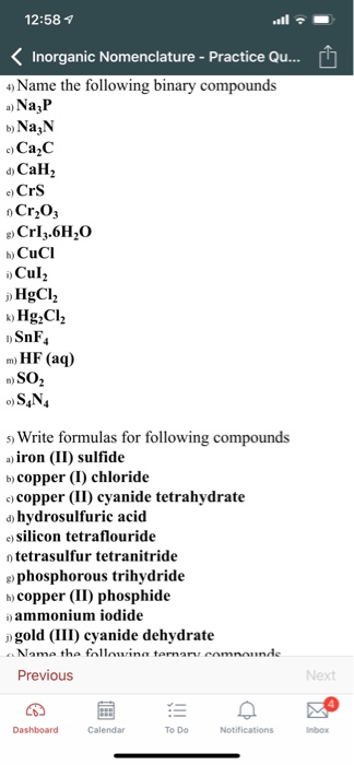 Solved 12:58 Inorganic Nomenclature Practice Q... Name the | Chegg.com