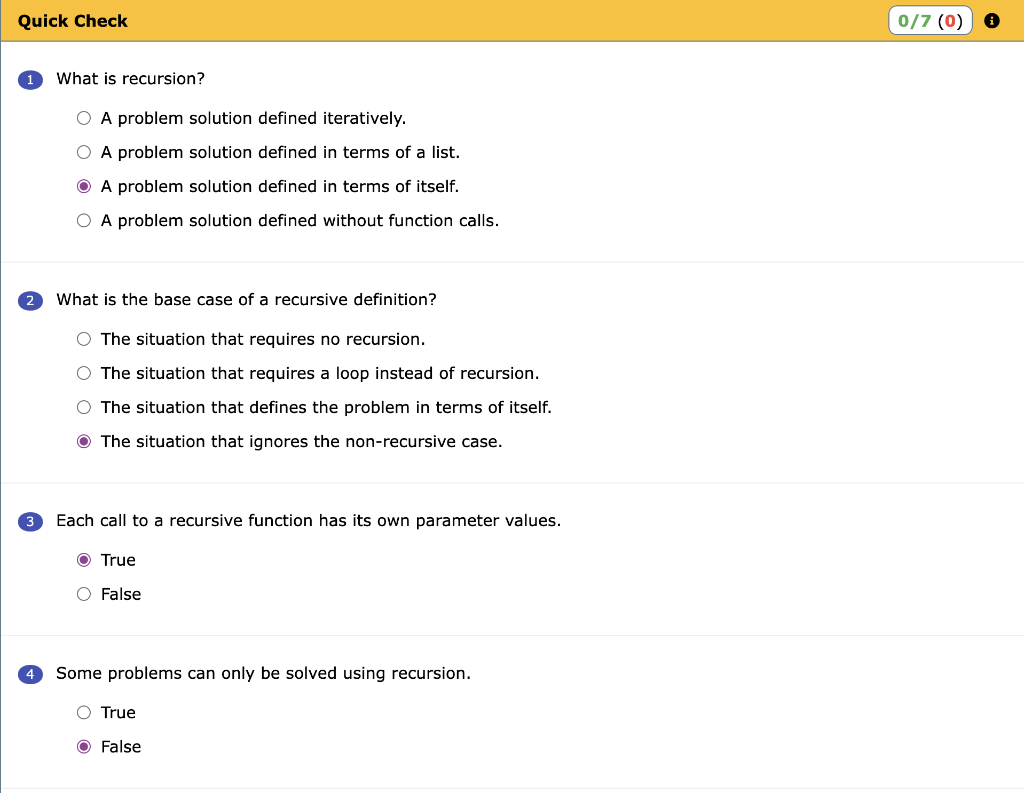 Solved Quick Check 0/7 (0) What is recursion? O A problem | Chegg.com