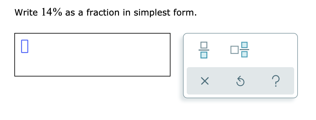 Solved Write 14% as a fraction in simplest form. 1 8 08 Х s | Chegg.com