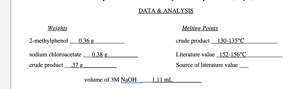 Solved DATA \& ANALYSIS Weights 2-methylphenol _0.36 g | Chegg.com