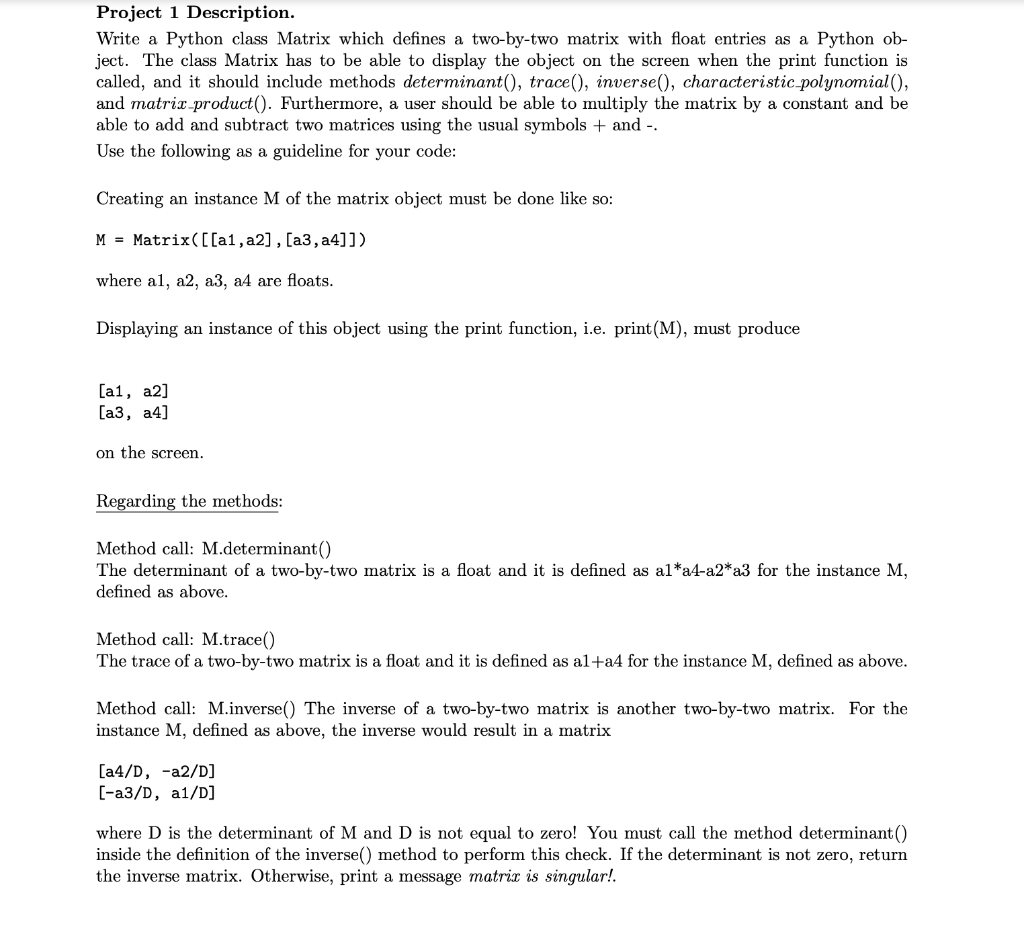 Solved Project 1 Description. Write a Python class Matrix | Chegg.com