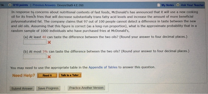 Solved 14. 0/10 points | Previous Answers DevoreStat9 | Chegg.com Solved 14. 0/10 points | Previous Answers DevoreStat9 | Chegg.com