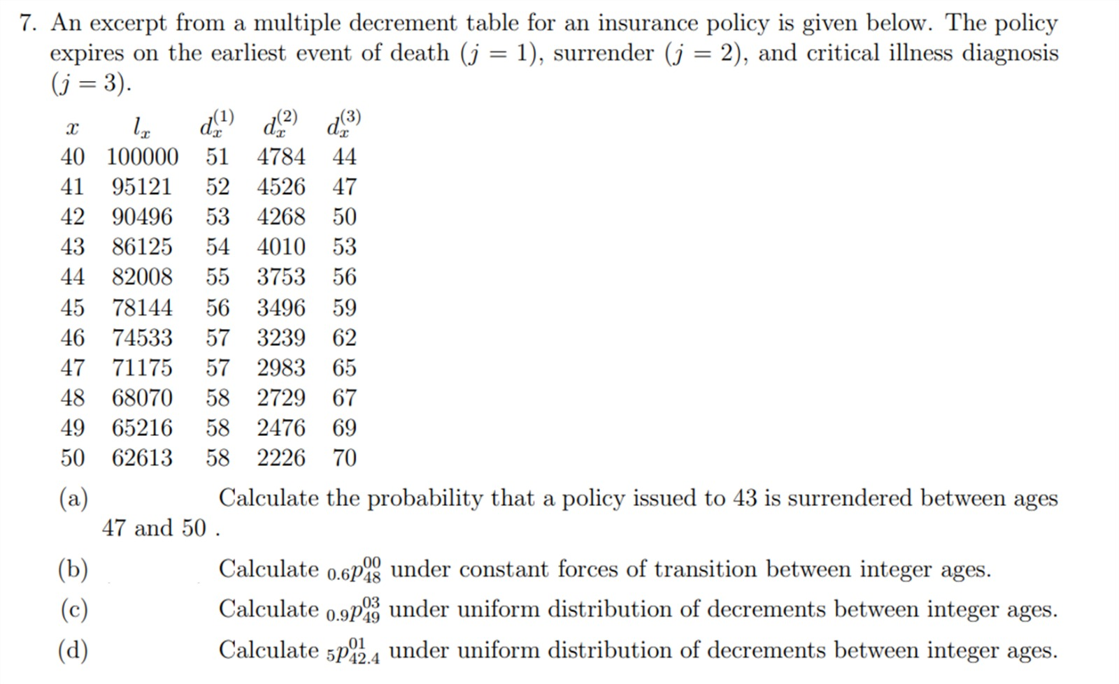 Solved 7. An excerpt from a multiple decrement table for an | Chegg.com