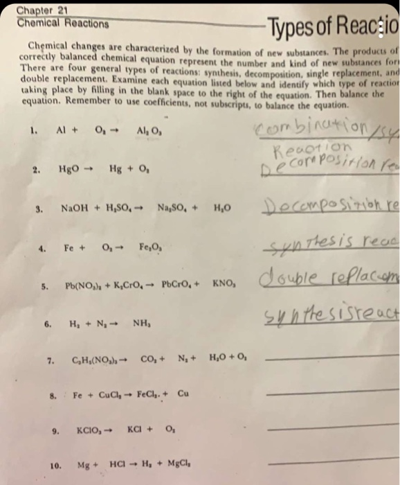 Chemical Equation Worksheet Types Of Reactions Answers