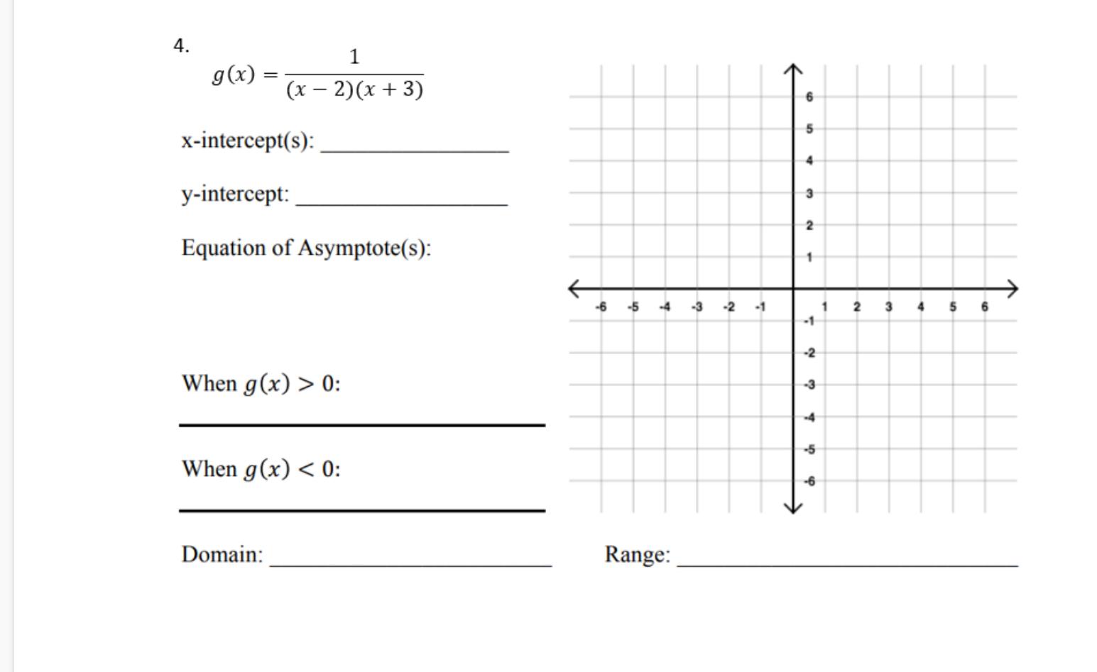 Solved 4. g(x)=(x−2)(x+3)1 x-intercept(s): y-intercept: | Chegg.com