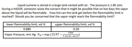 Solved Liquid cumene is stored in a large tank vented with | Chegg.com