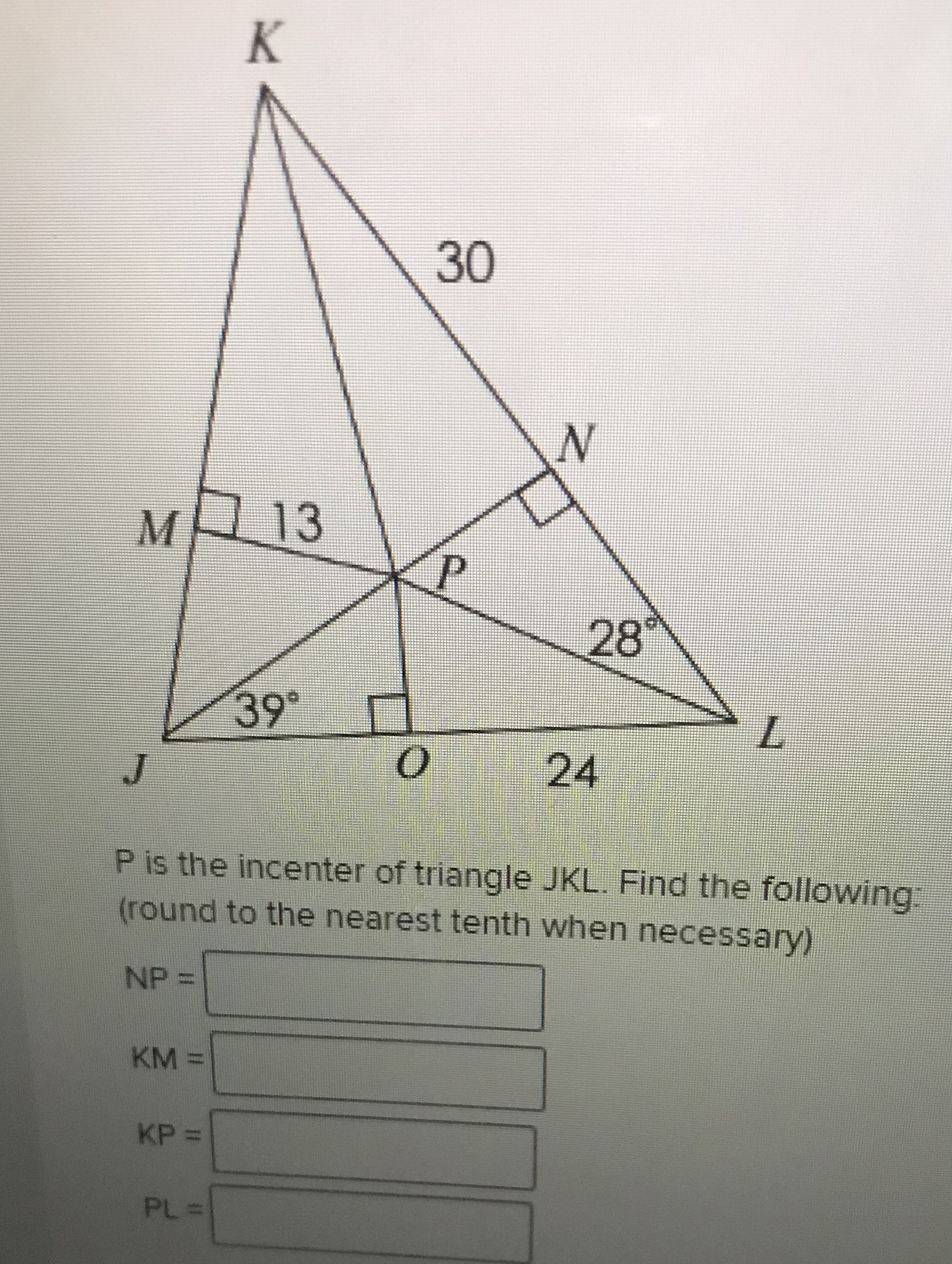 Solved P is the incenter of triangle JKL. Find the | Chegg.com