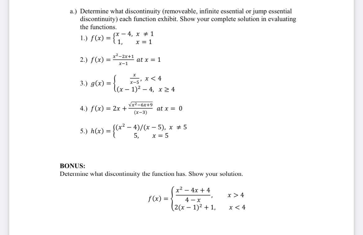 Solved a.) Determine what discontinuity (removeable, | Chegg.com