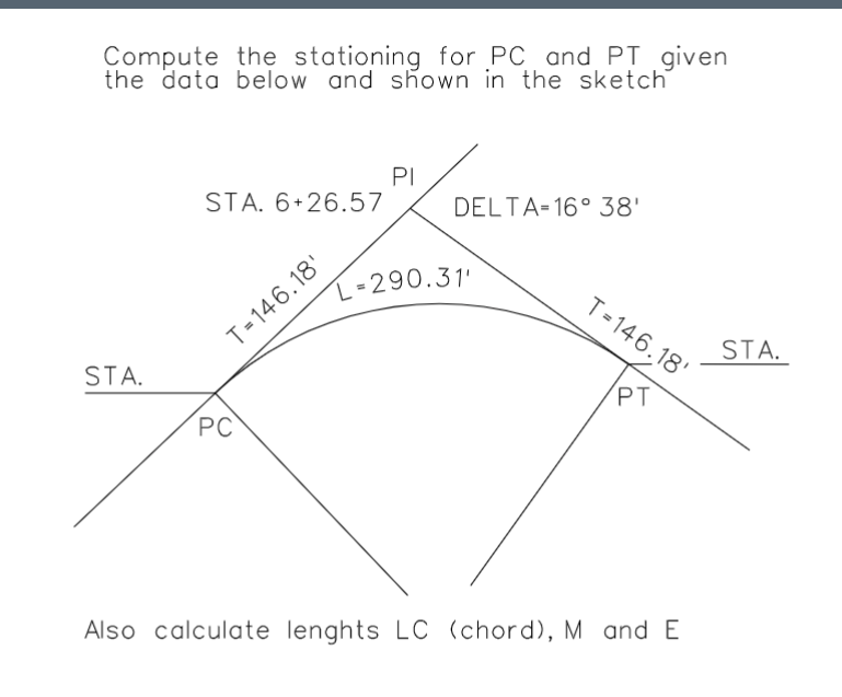 Compute the stationing for PC and PT given the data | Chegg.com