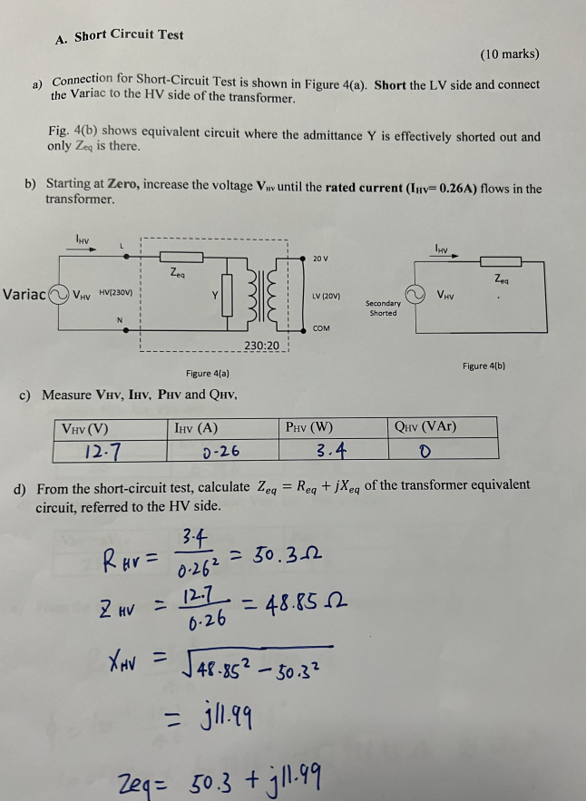 Solved Below are Open and Short Circuit Test and at the | Chegg.com