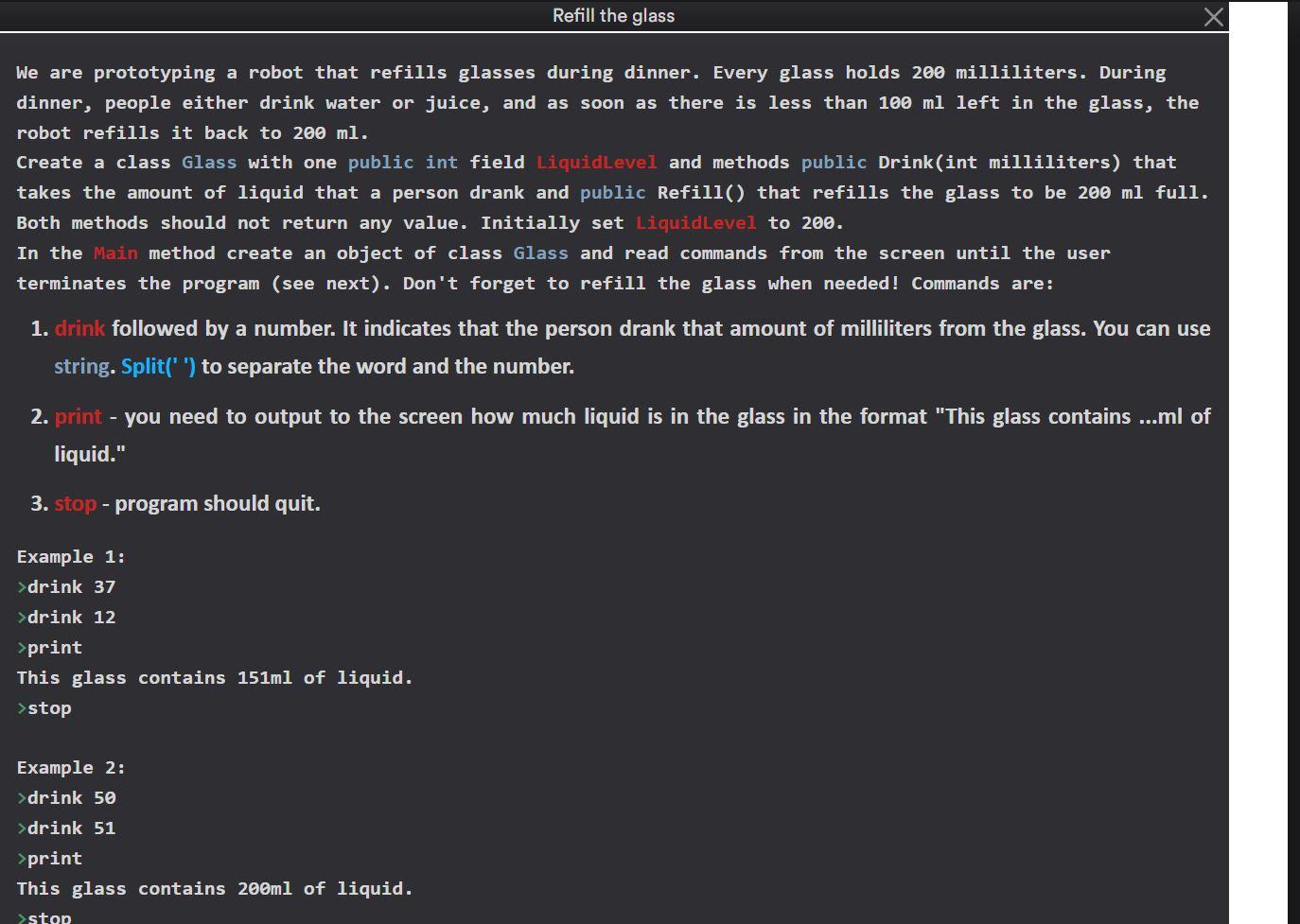 Solved Refill the glass Use c#, ****** USE C# Use the same | Chegg.com