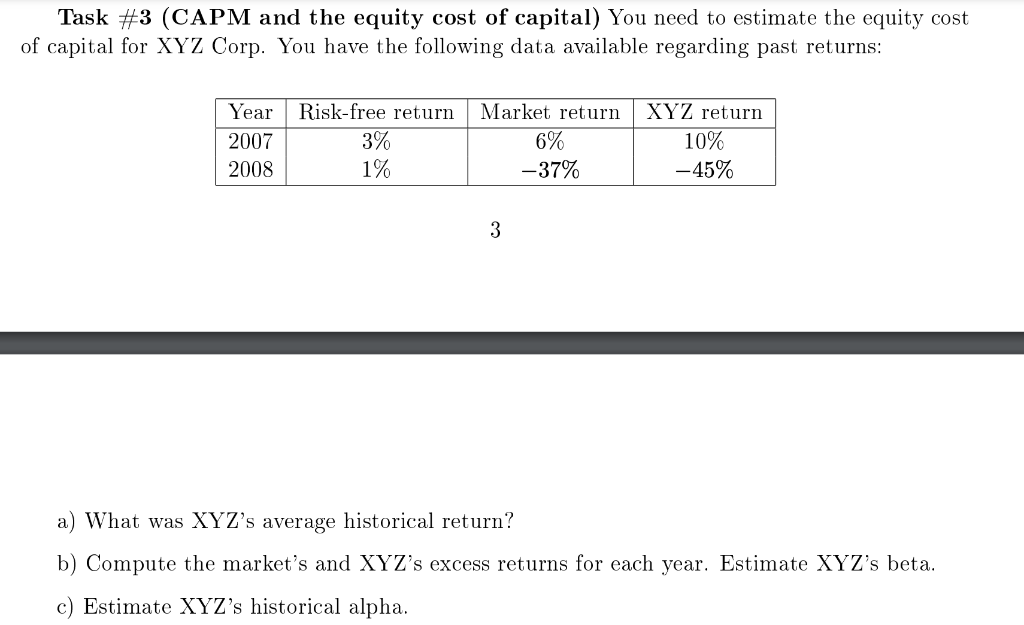 Solved Task #3 (CAPM and the equity cost of capital) You | Chegg.com