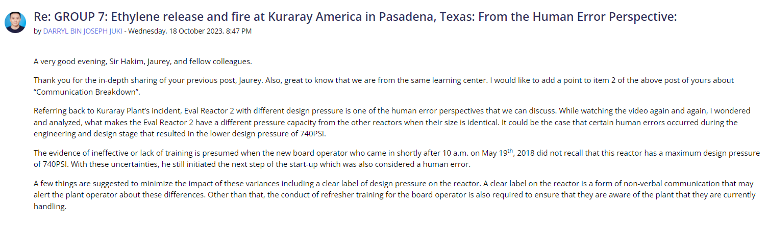 Re: GROUP 7: Ethylene release and fire at Kuraray | Chegg.com