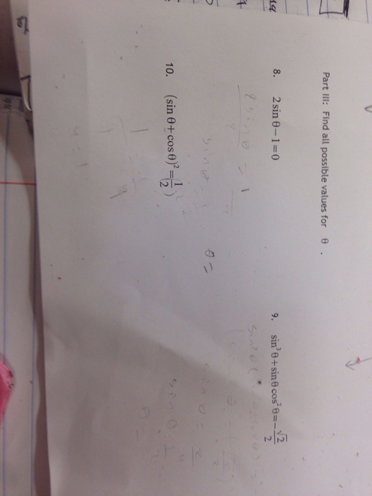Solved Find all possible values for theta. 2 sin theta - 1 | Chegg.com