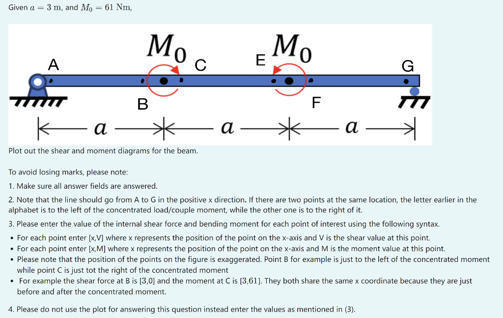 Solved Given a=3 m, and M0=61Nm, Plot out the shear and | Chegg.com