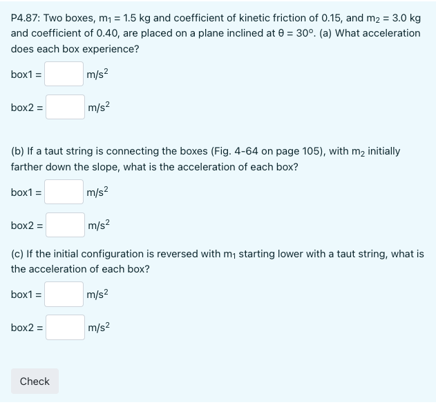 P4.87: Two boxes, m1=1.5 kg and coefficient of | Chegg.com