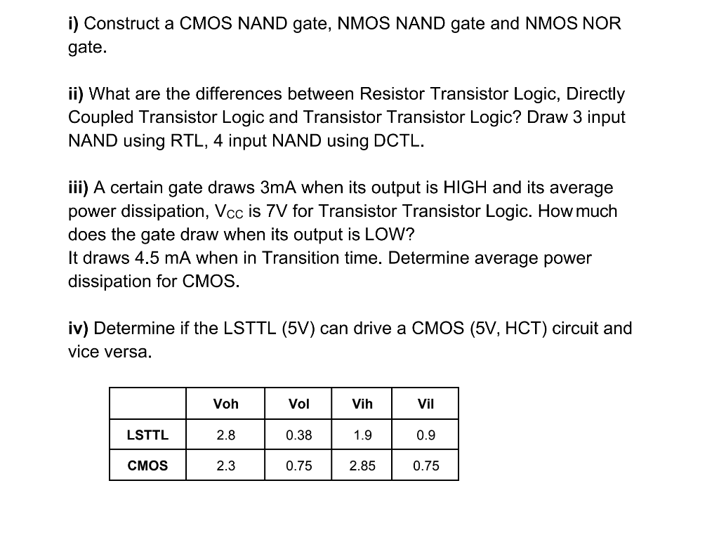 Solved i) Construct a CMOS NAND gate, NMOS NAND gate and | Chegg.com
