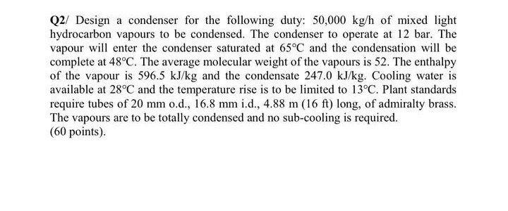 Solved Q2/ Design a condenser for the following duty: 50,000 | Chegg.com