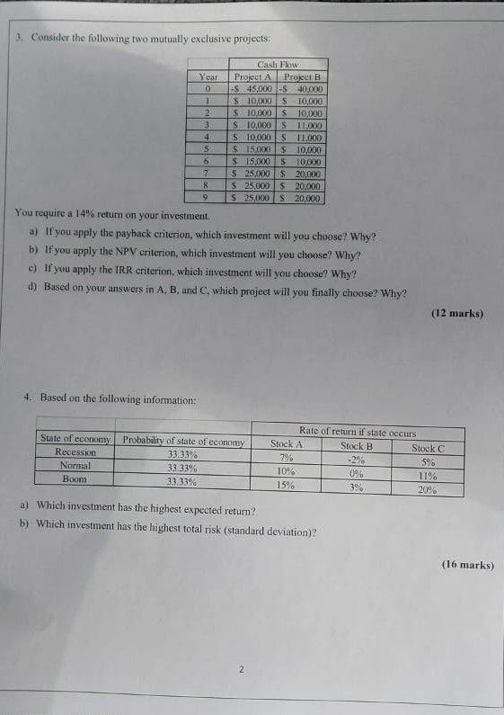 Solved 3. Consider the following two mutually exclusive | Chegg.com