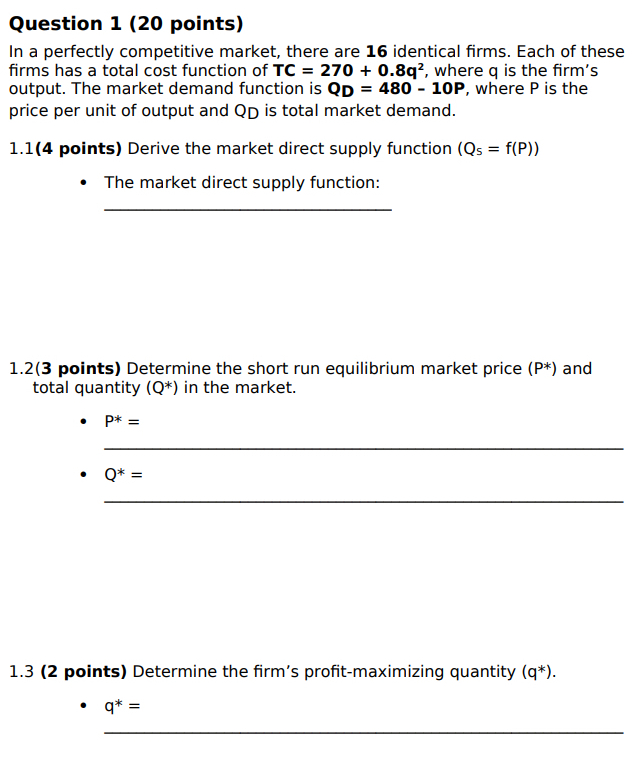 Solved Question 1 (20 ﻿points)In a perfectly competitive | Chegg.com