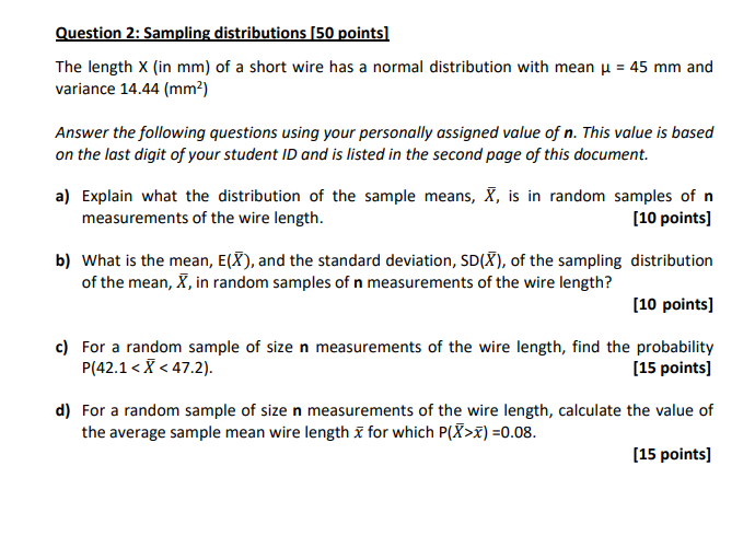 Solved Question 2: Sampling distributions (50 points) The | Chegg.com