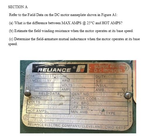 Solved SECTION A Refer to the Field Data on the DC motor | Chegg.com