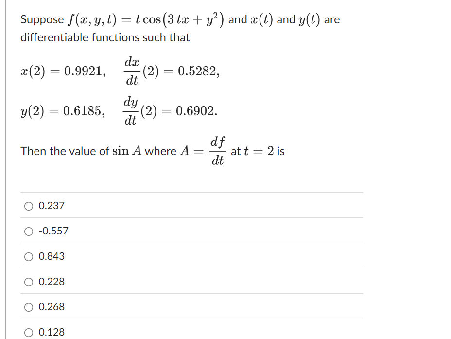 Solved Suppose f(x,y,t)=tcos(3tx+y2) ﻿and x(t) ﻿and y(t) | Chegg.com