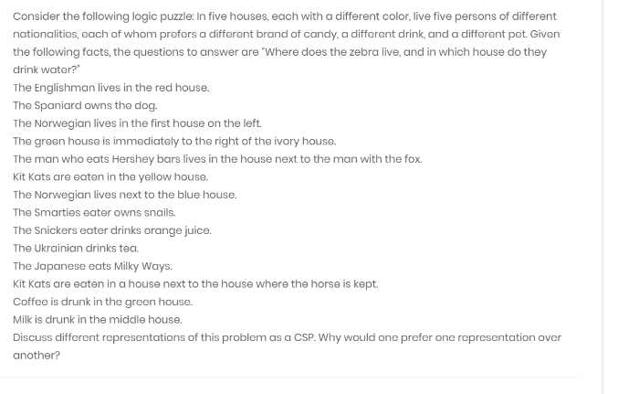 Solved Consider the following logic puzzle: In five houses, | Chegg.com