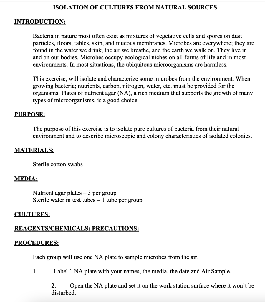 ISOLATION OF CULTURES FROM NATURAL SOURCES | Chegg.com