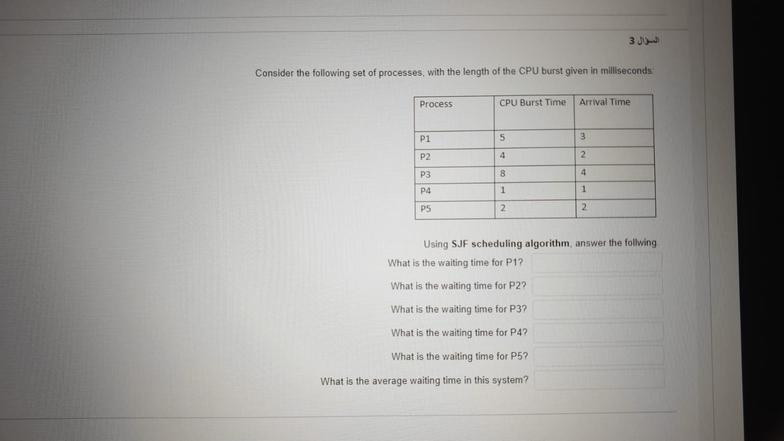 Solved السؤال 3 Consider the following set of processes, | Chegg.com