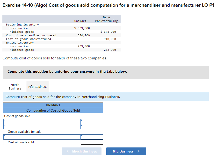 Solved Exercise 14-10 (Algo) ﻿Cost of goods sold computation | Chegg.com