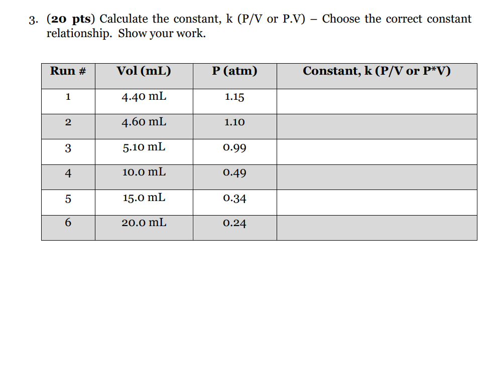 Solved 3. (2o pts) Calculate the constant, k(P/V or P.V) - | Chegg.com