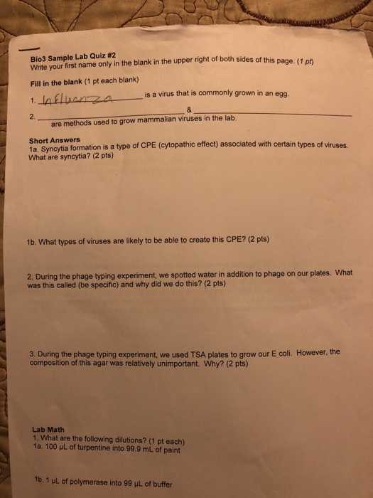 Solved Bio3 Sample Lab Quiz #2 Write your frst name only in | Chegg.com