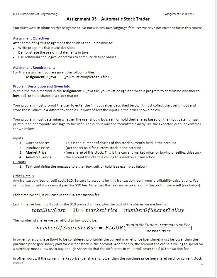 Solved CSE110 Principles of Programming Assignment 03: 100 | Chegg.com
