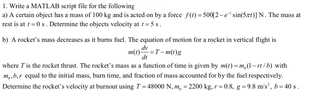 Solved 1 Write A Matlab Script File For The Following A A 6845