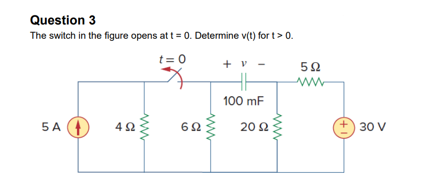 Solved The switch in the figure opens at t=0. Determine v(t) | Chegg.com