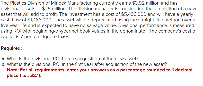 Solved The Plastics Division of Minock Manufacturing | Chegg.com