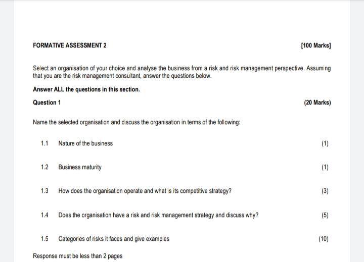 Solved FORMATIVE ASSESSMENT 2 [100 Marks] Select an | Chegg.com