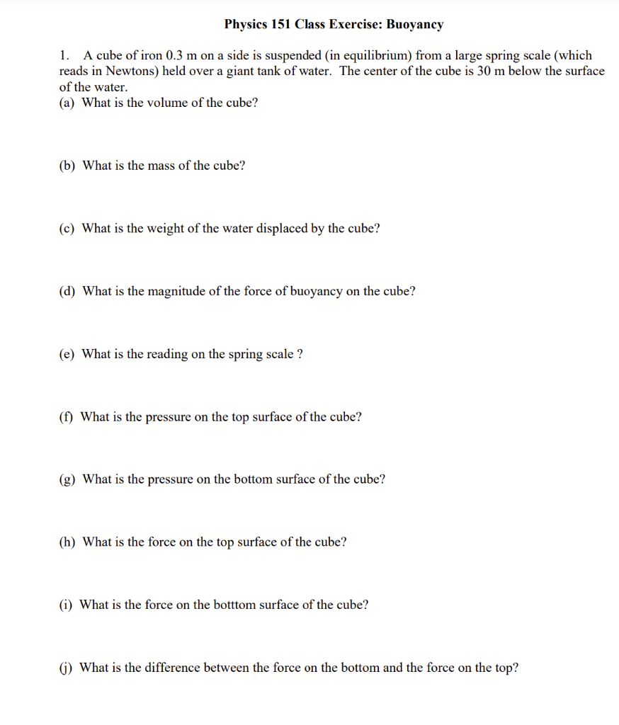 Solved Physics 151 Class Exercise: Buoyancy 1. A cube of | Chegg.com
