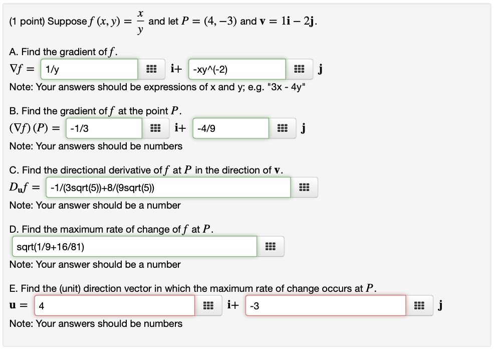 Solved (1 point) Suppose f (x, y) = у and let P = (4, -3) | Chegg.com
