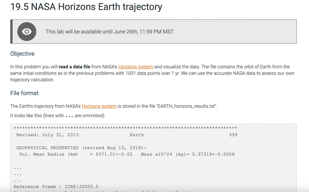 Solved 19.5 NASA Horizons Earth trajectory This lab will be | Chegg.com