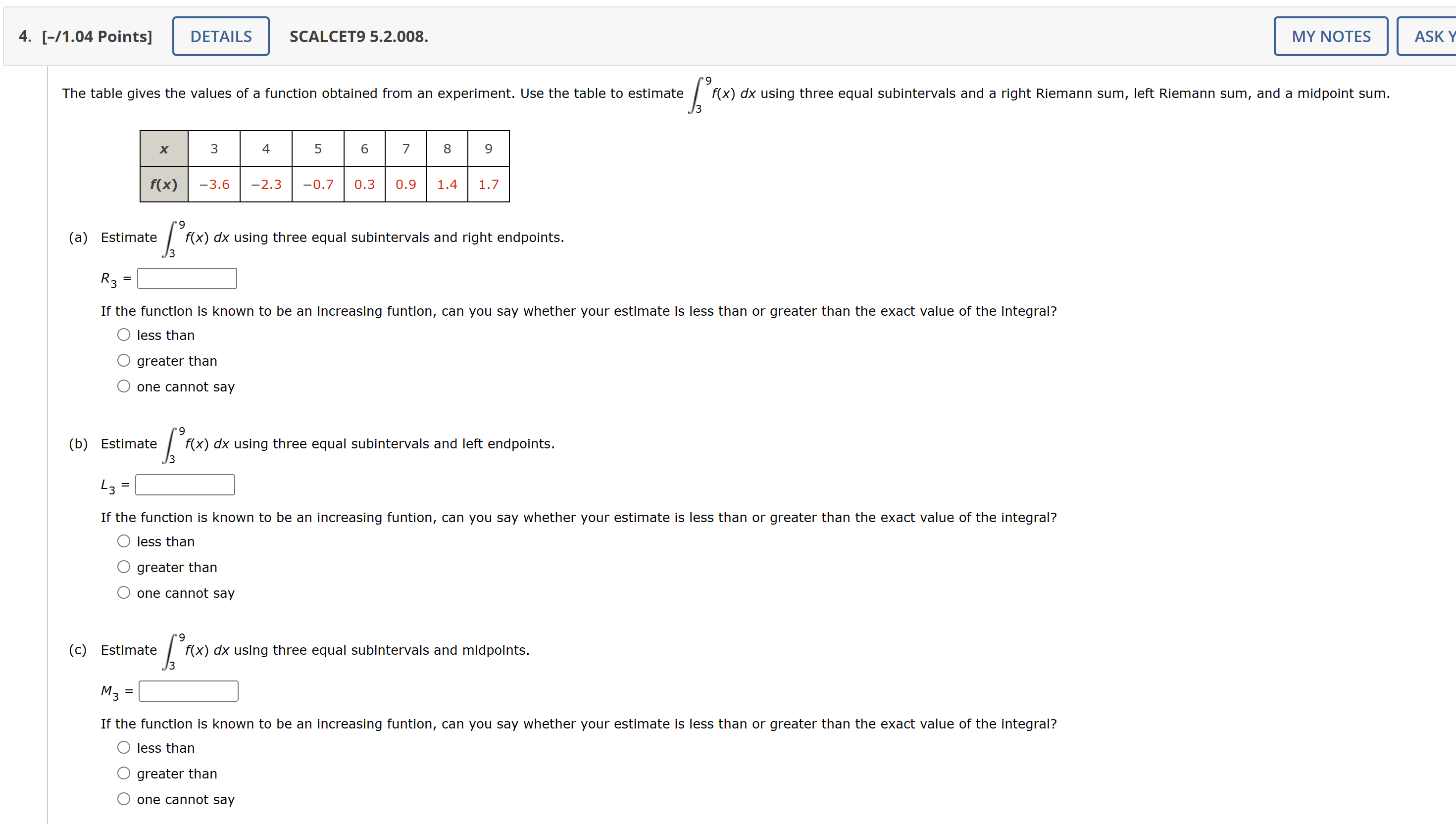Solved (a) Estimate ∫39f(x)dx using three equal subintervals | Chegg.com
