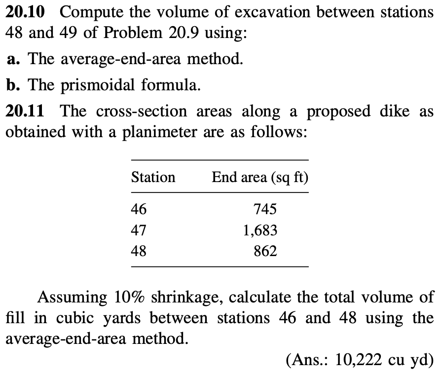 Solved 20.10 Compute the volume of excavation between | Chegg.com